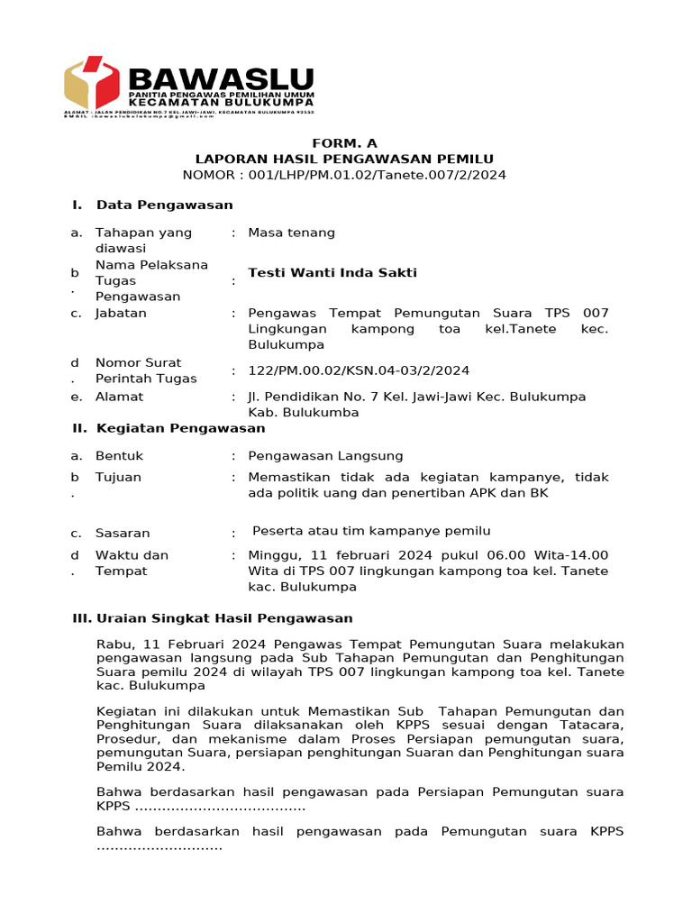 Contoh Form A Hasil Pengawasan | PDF