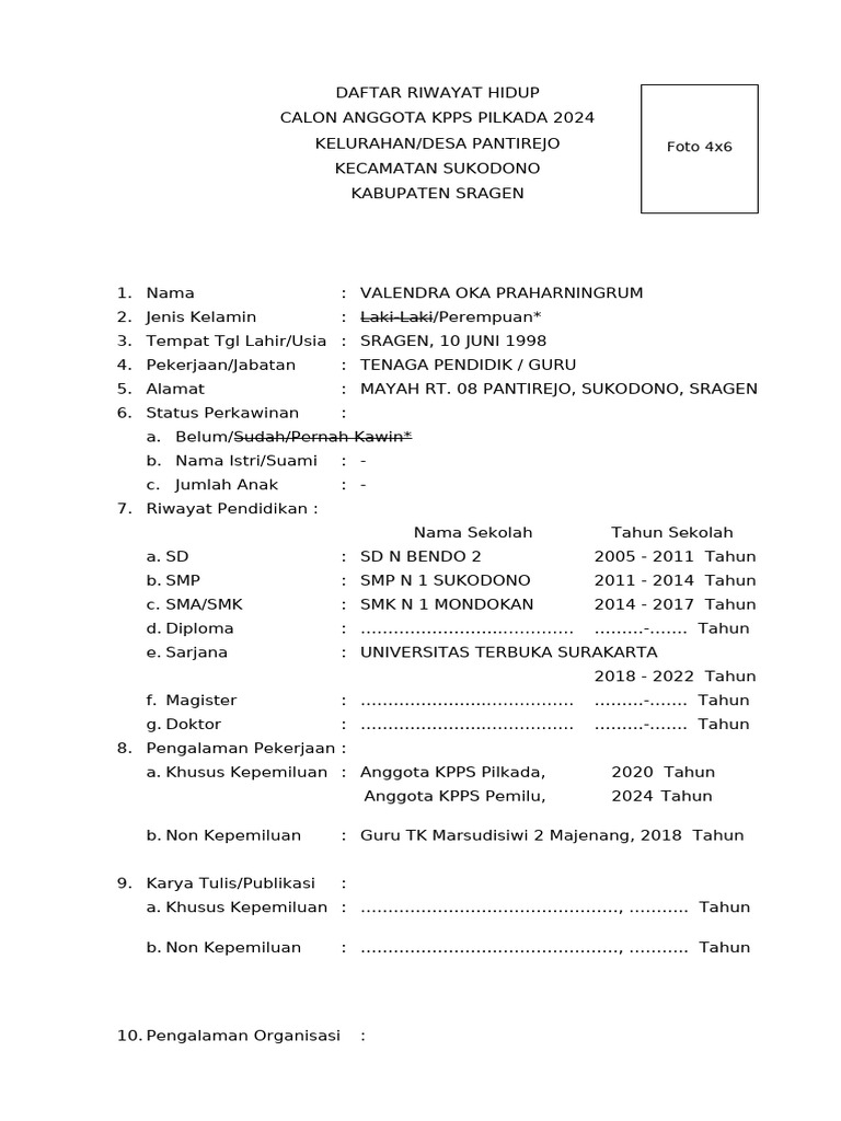 Formulir Daftar Riwayat Hidup - KPPS | PDF