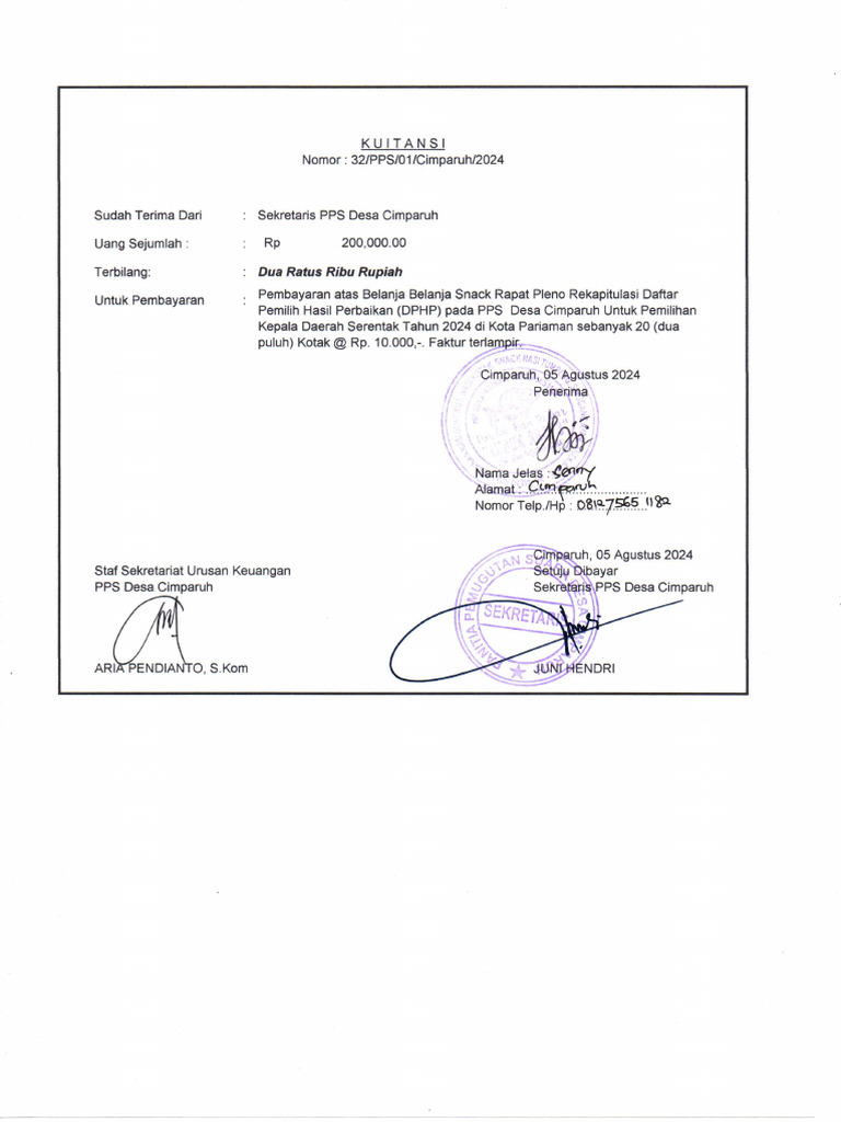 Kuitansi Nomor 32 Belanja Snack Rapat Pleno | PDF