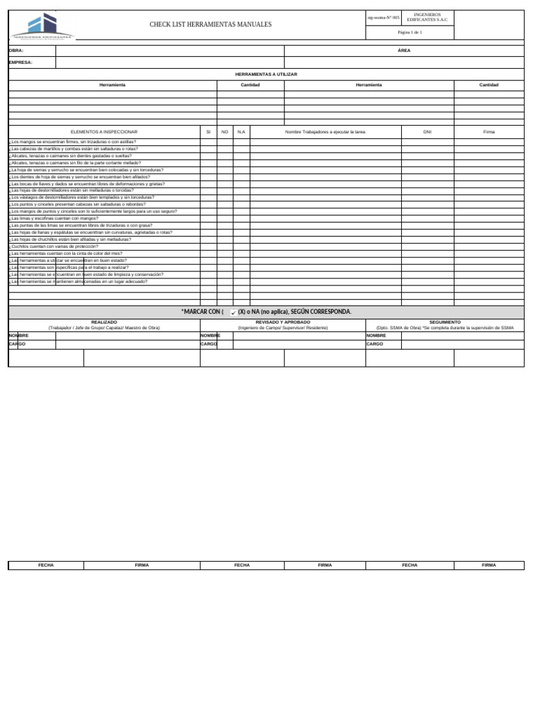 CHECK LIST HERRAMIENTAS MANUALES | PDF CHECK LIST HERRAMIENTAS MANUALES | PDF