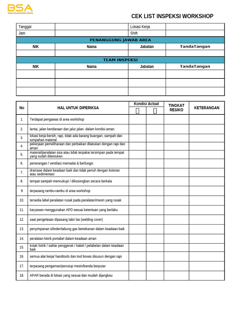 Form Ceklis Inspeksi Bengkel ATAU Workshop New | PDF