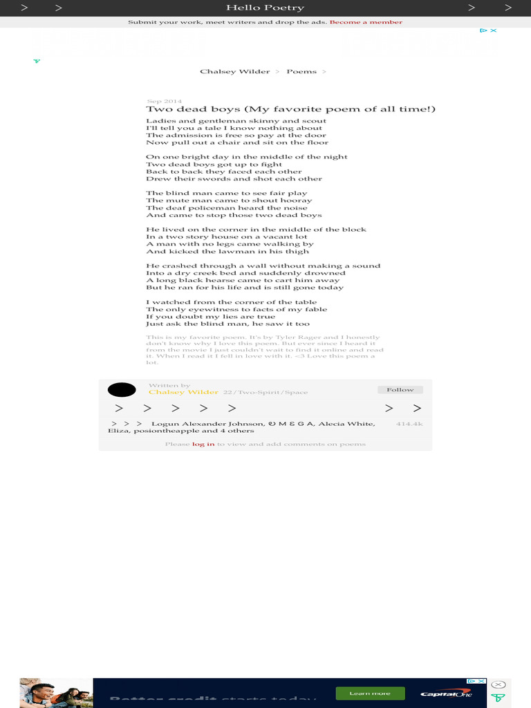 Two Dead Boys (My Favorite Poem of All Time!) by Chalsey Wilder - Hello ...