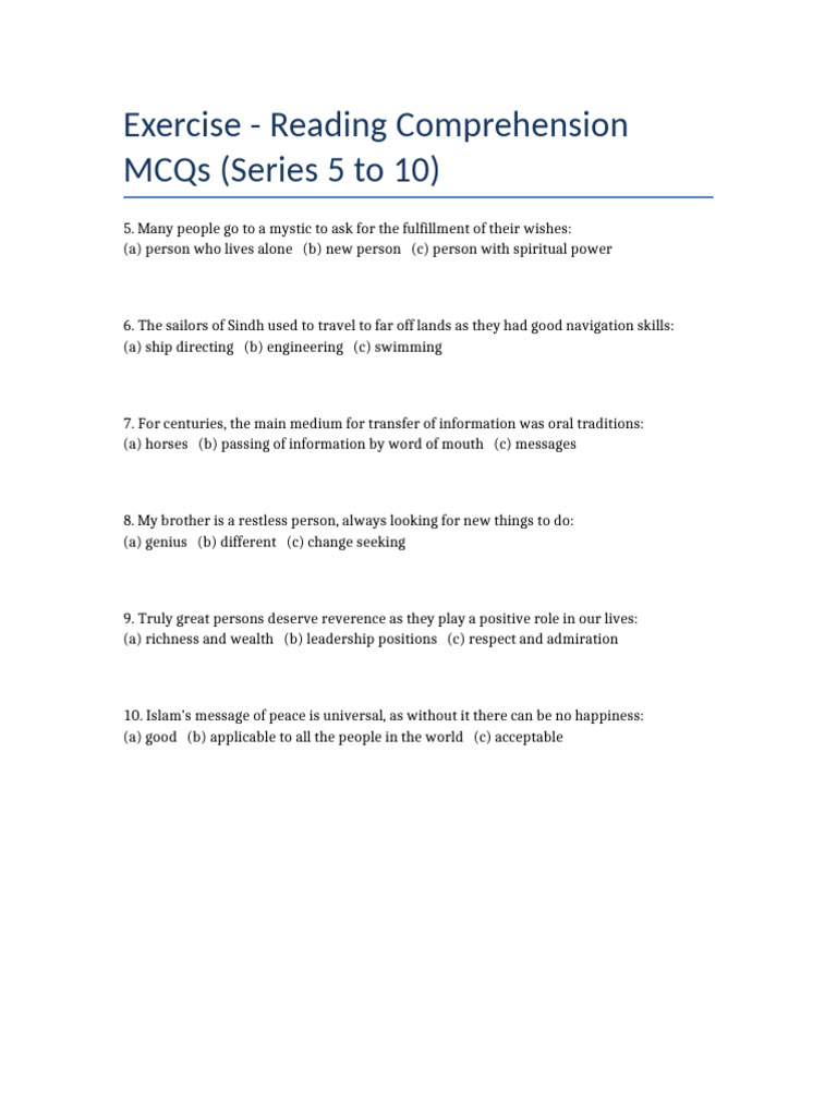 Reading Comprehension MCQs Series 5 To 10 | PDF