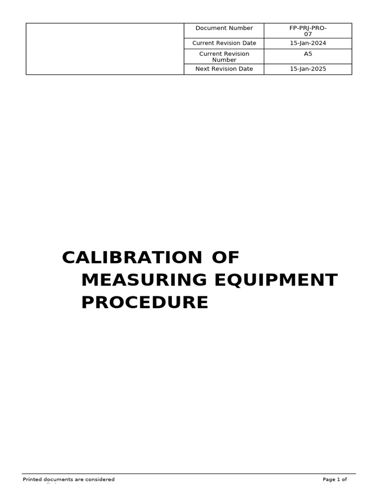 FP-PRJ-PRO-07 Calibration of Measuring Equipment Procedure | PDF