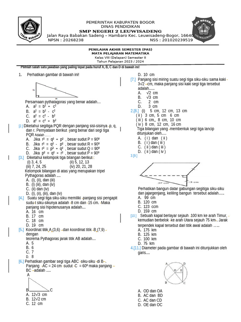 SOAL PAS VIII MTK Genap | PDF