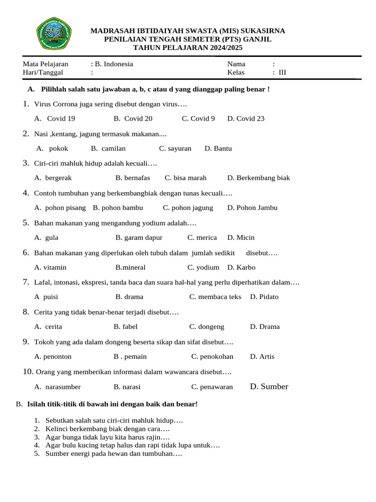 Soal PTS B. Indonesia Kelas 3 Ganjil | PDF