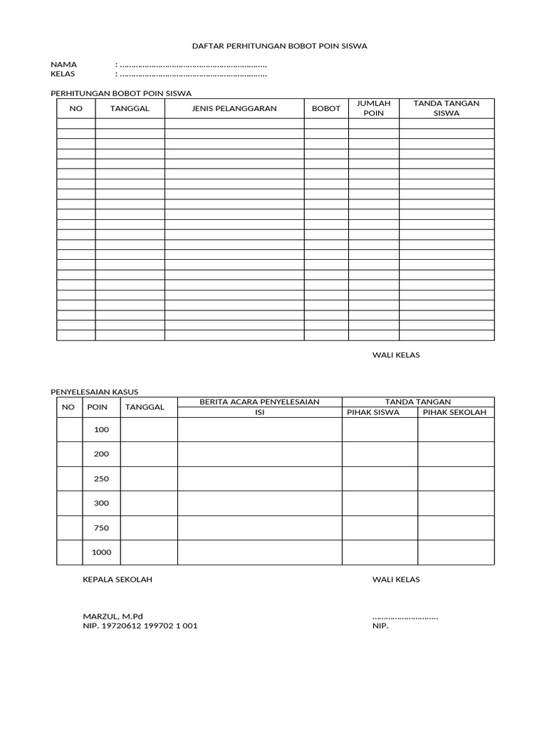 Daftar Perhitungan Bobot Poin Siswa | PDF