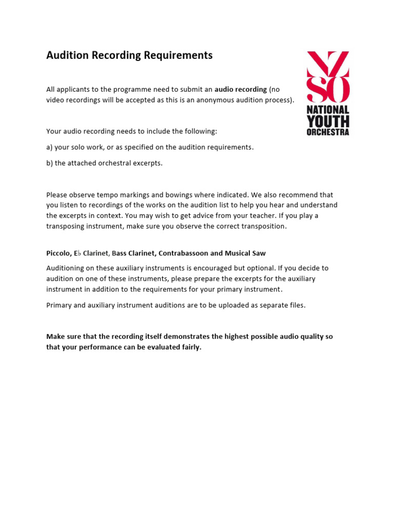Nyo Audition Recording Requirements | PDF