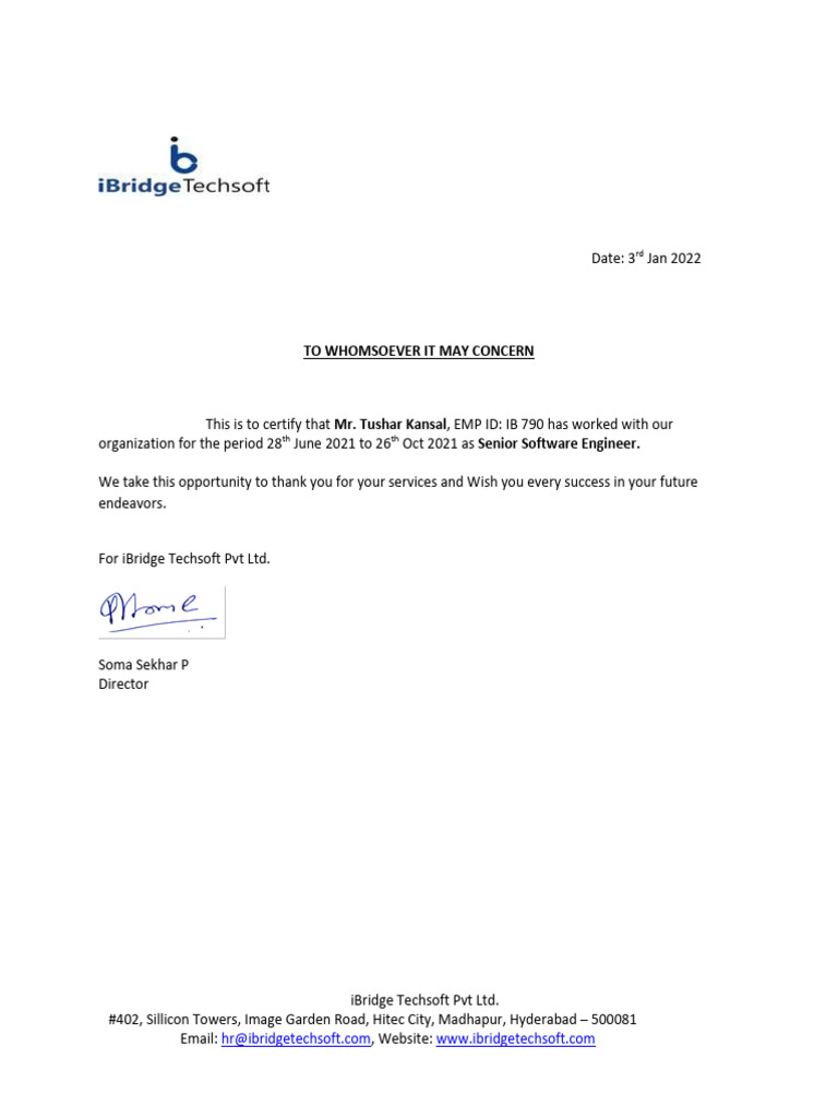 Relieving Letter - Tushar Kansal | PDF