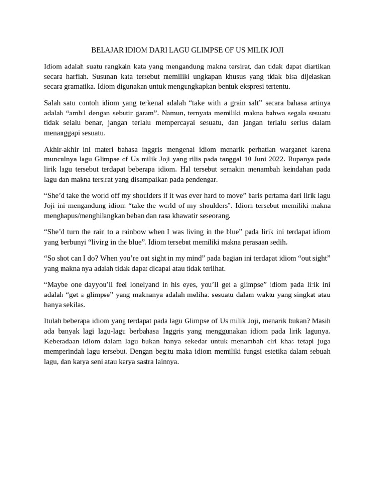 Belajar Idiom Dari Lagu Glimpse of Us Milik Joji | PDF
