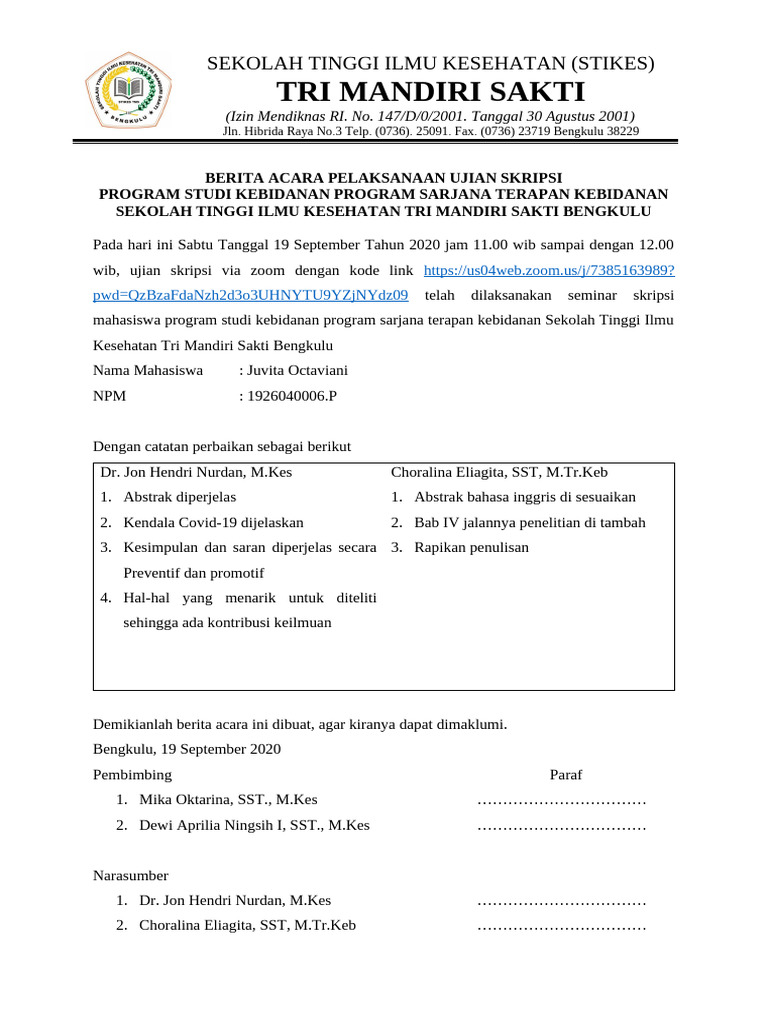 Berita Acara Pelaksanaan Ujian Skripsi | PDF