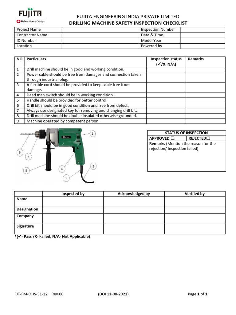FJT-FM-OHS-31-00 Rev.00 Drilling Machine Safety Inspection Checklist | PDF