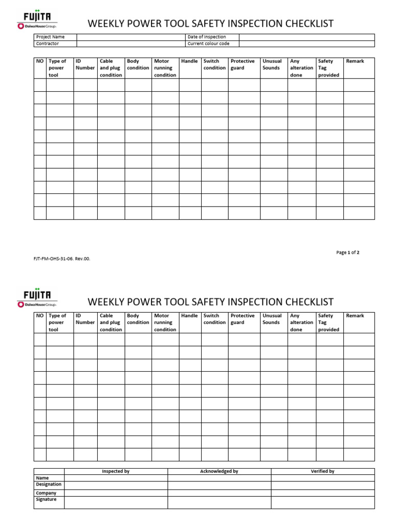 FJT-FM-OHS-31-06 Power Tool Inspection Checklist | PDF