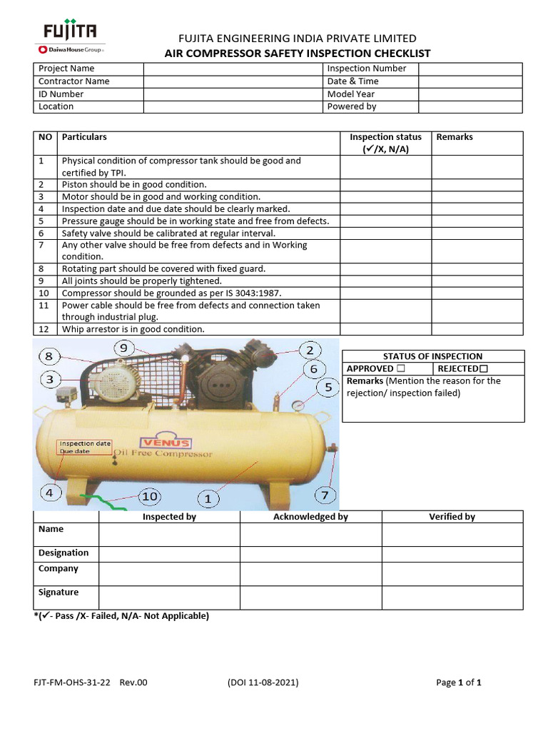FJT-FM-OHS-31-22 Rev.00 Air Compressor Safety Inspection Checklist | PDF