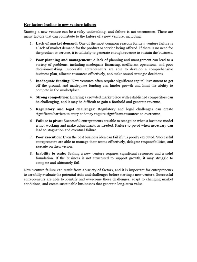 Key Factors Leading To New Venture Failure | PDF