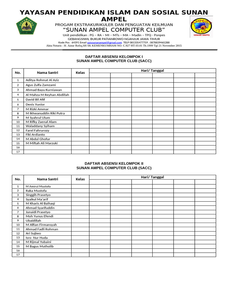Daftar Absensi Sacc | PDF