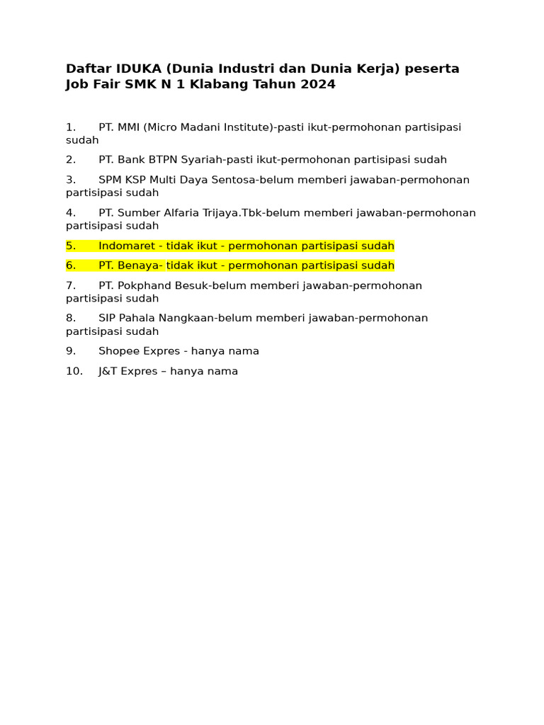 Daftar IDUKA SMK Klabang | PDF