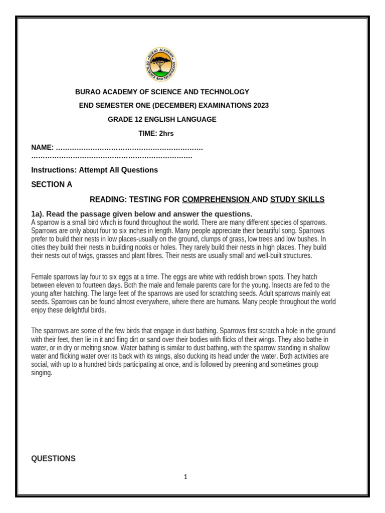 Grade 12 End of Sem. One Exam 2023 | PDF