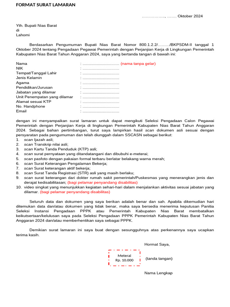 Format Surat Lamaran PPPK 2024 | PDF