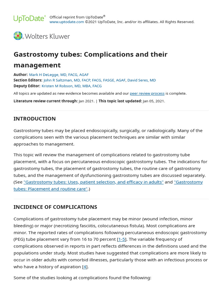 Gastrostomy Tubes - Complications and Their Management - UpToDate | PDF
