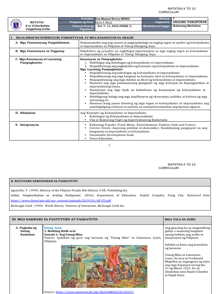 DLL Matatag - Araling Panlipunan 7 Q2 W1 | PDF