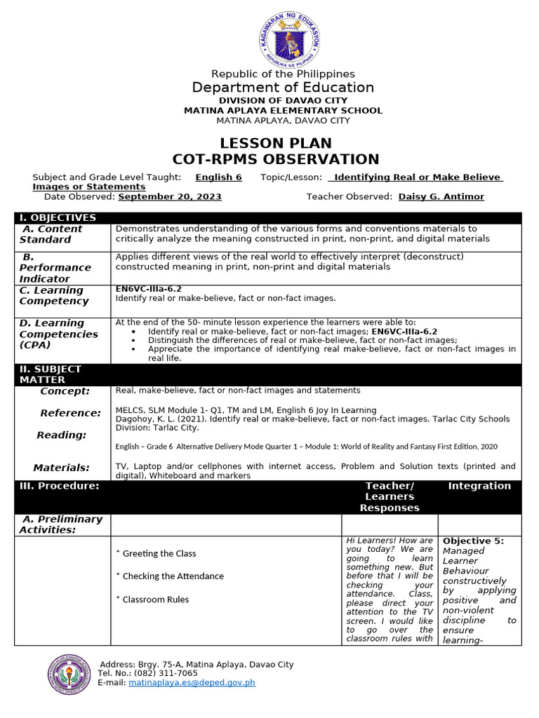 LESSON PLAN 1st | PDF | Learning | Behavior Modification