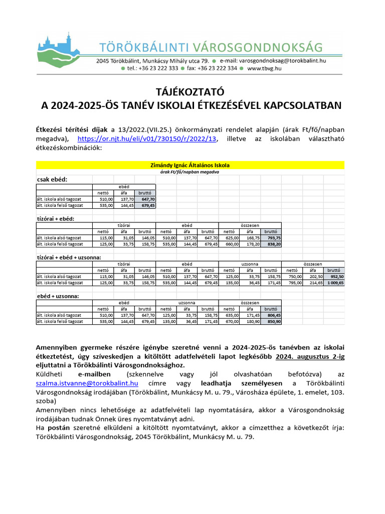 étkezés_TÁJÉKOZTATÓ_2024-2025-re_ZIMÁNDY_ISKOLA | PDF