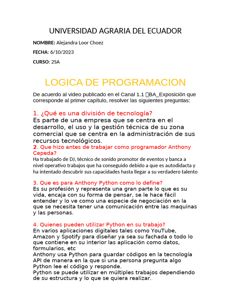 Universidad Agraria Del Ecuador Lenguaje de Programacion | PDF