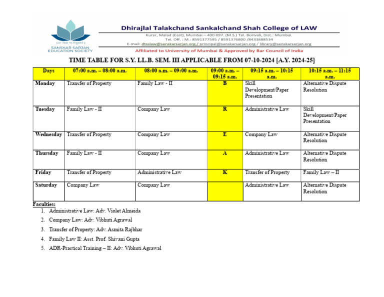 SY LLB SEM III - Time Table | PDF