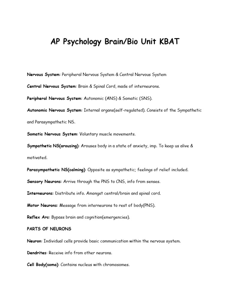 AP Psychology Brain_Bio Unit KBAT | PDF