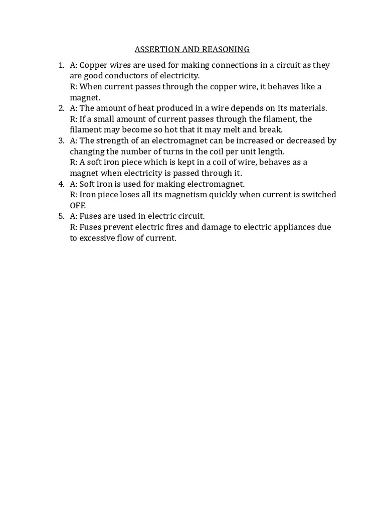 Assertion and Reasoning - Electric Current | PDF