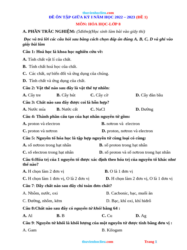 Bo de On Tap Giua HK1 Mon HOA 8 Nam 2022 2023 | PDF