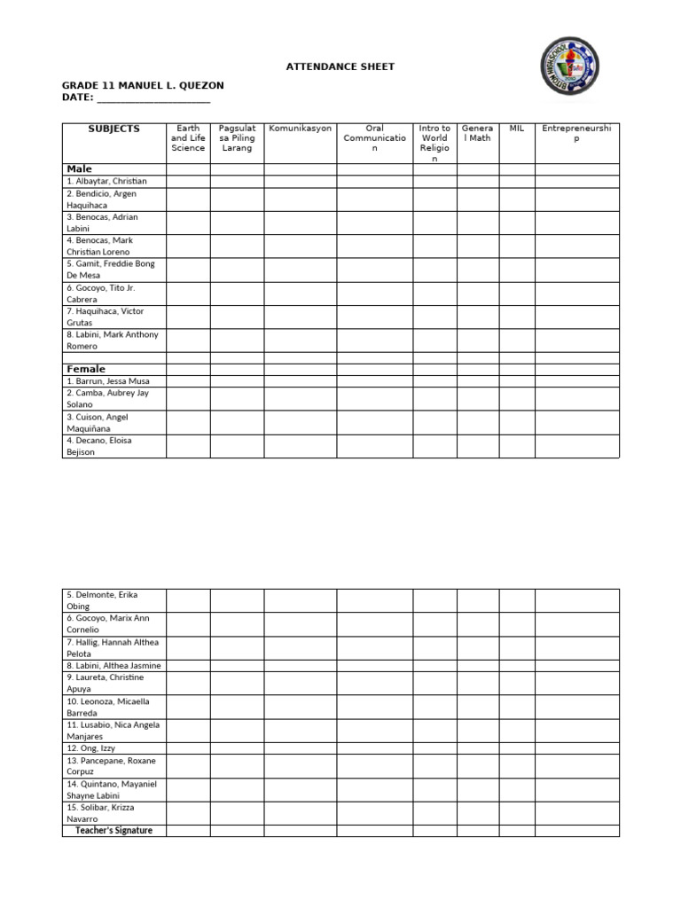 Attendance Sheet Grade 11 Gas M Quezon | PDF