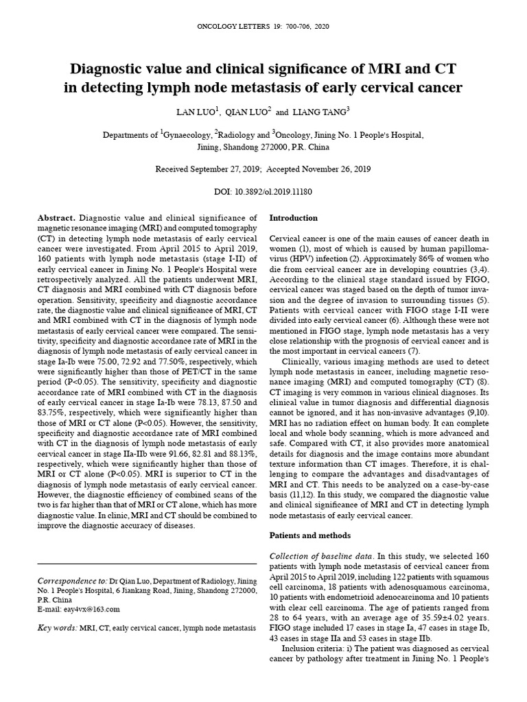 Diagnostic Value and Clinical Significance of MRI and CT in Detecting Lymph Node | PDF