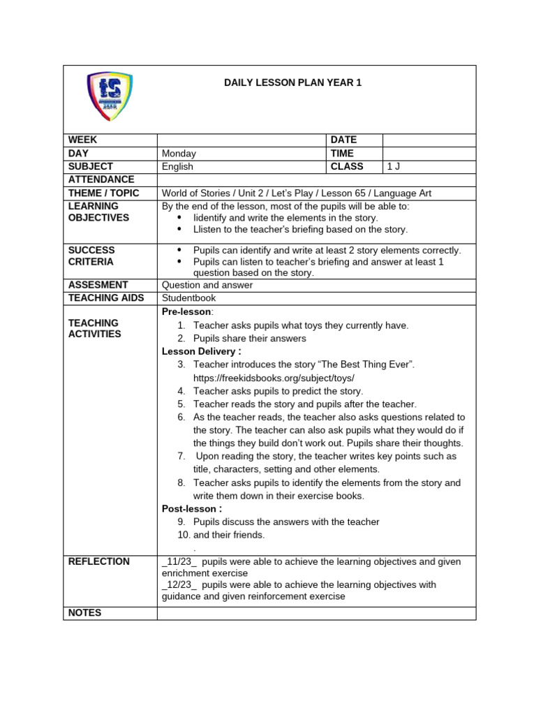 Daily Lesson Plan Year 1 | PDF
