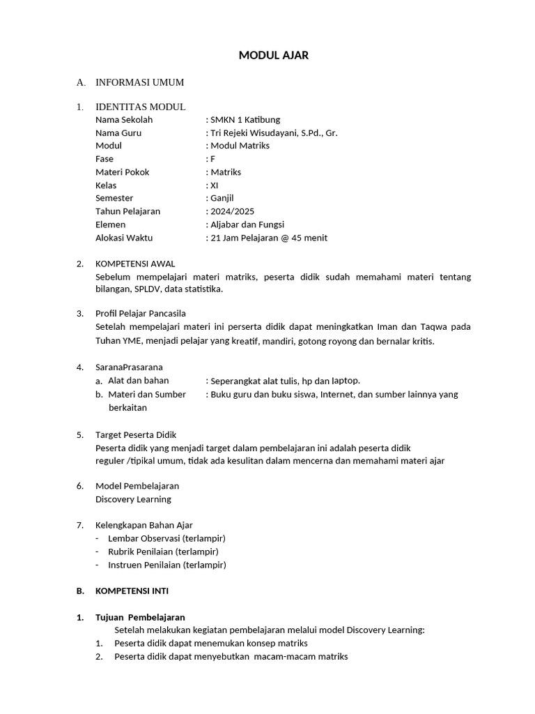 Modul Ajar 2 Matriks | PDF