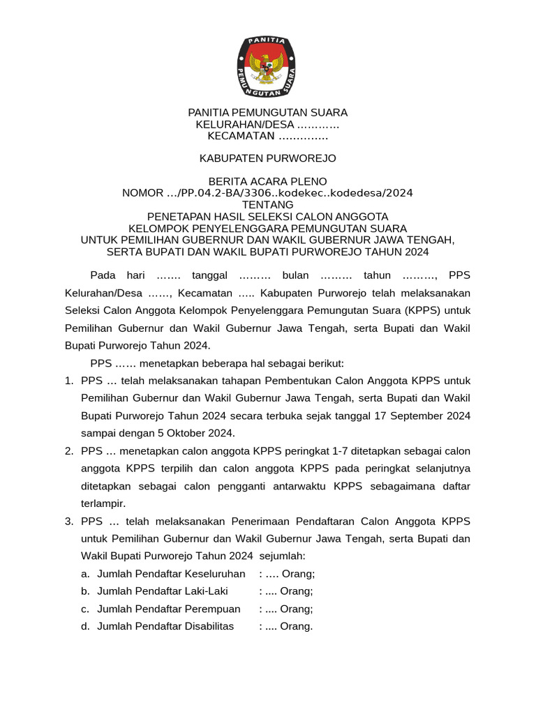 Template Berita Acara PPS Penetapan Hasil Seleksi KPPS | PDF