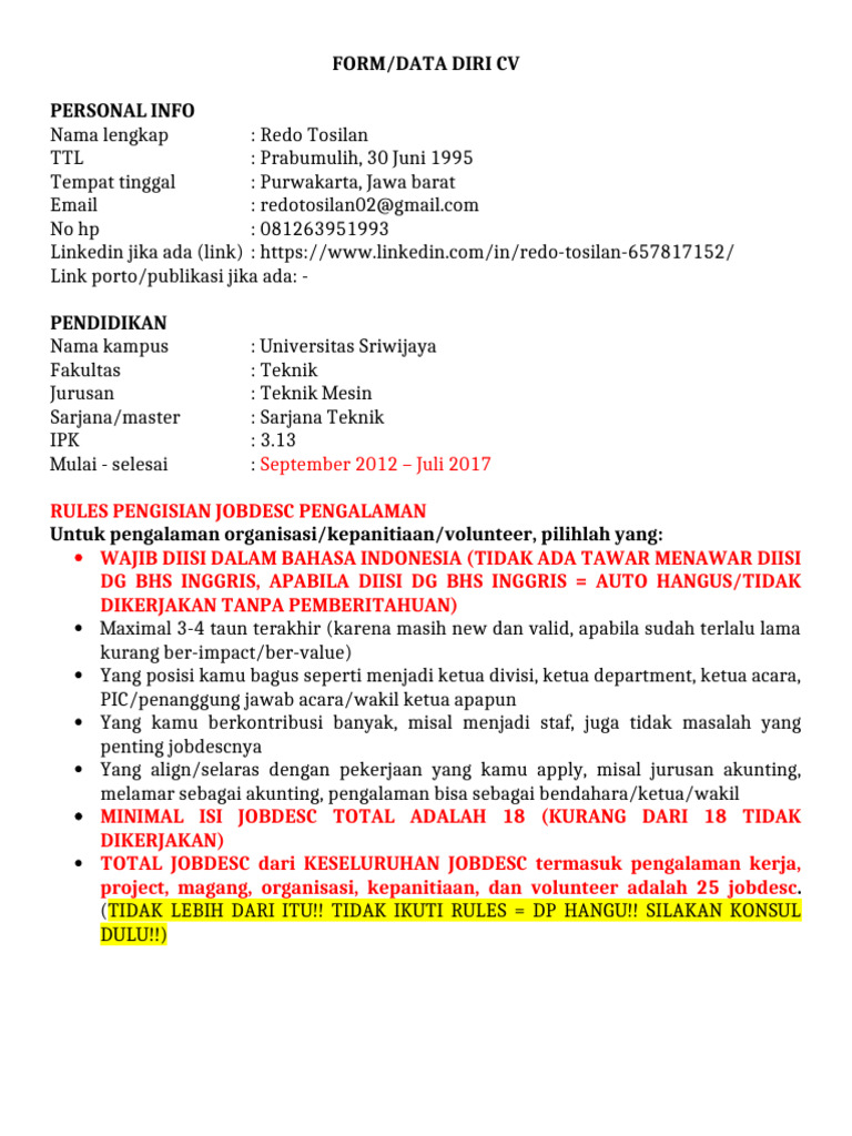 Form Cv Forjobhunter | PDF