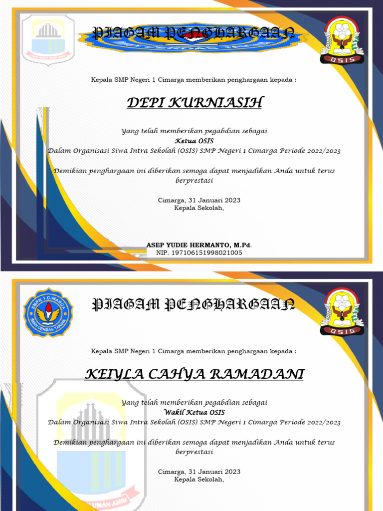 Piagam Penghargaan Osis | PDF