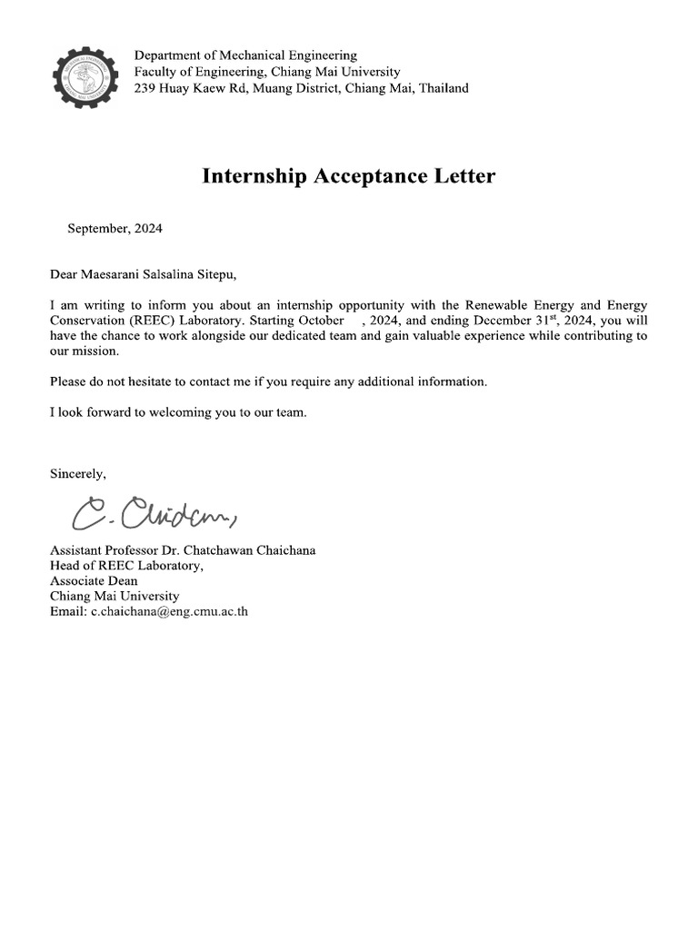 Internship Acceptance Letter FTP | PDF