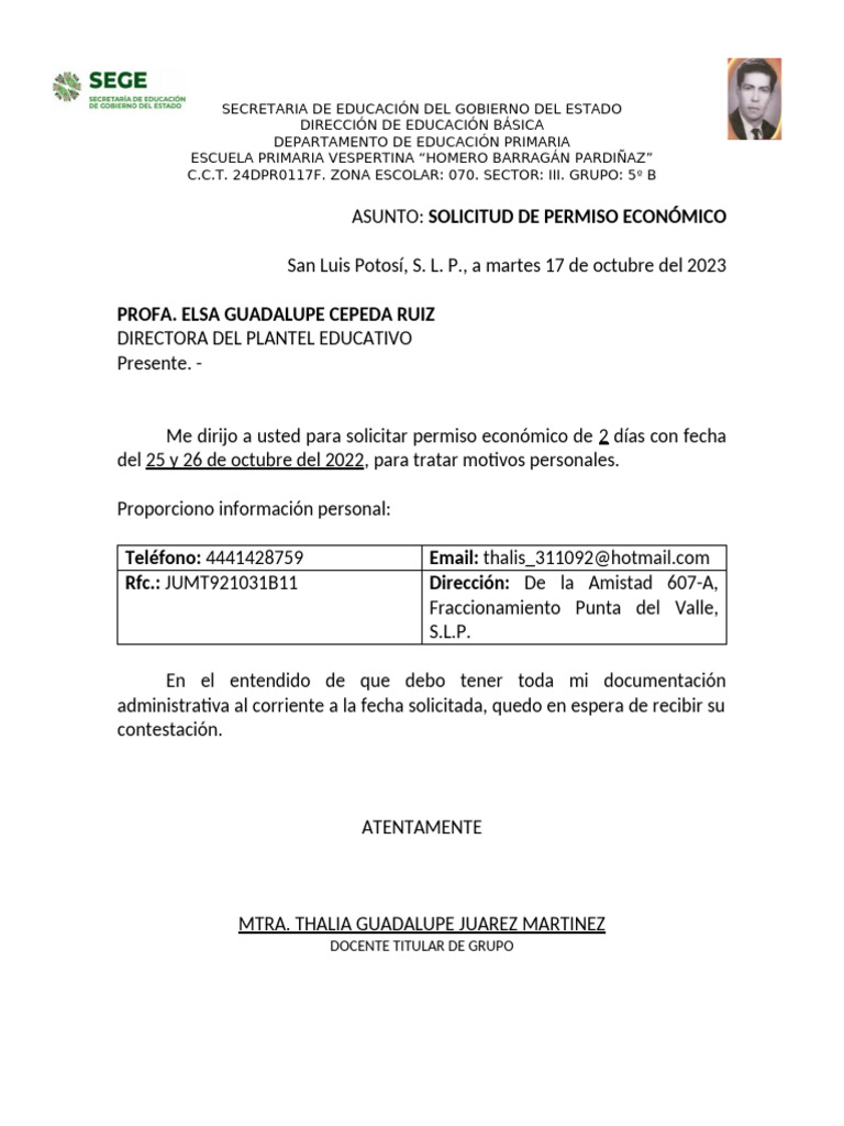 Solicitud de Permiso Económico Escolar | PDF