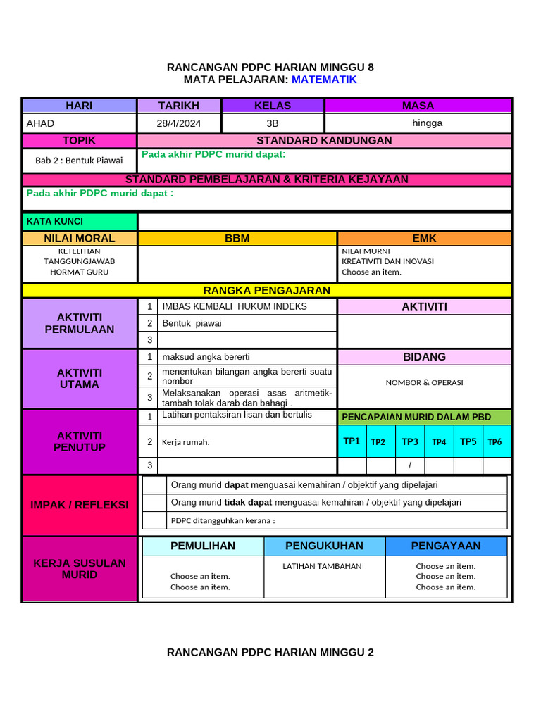 LESSON PLAN MATHS KSSM FORM 3b | PDF