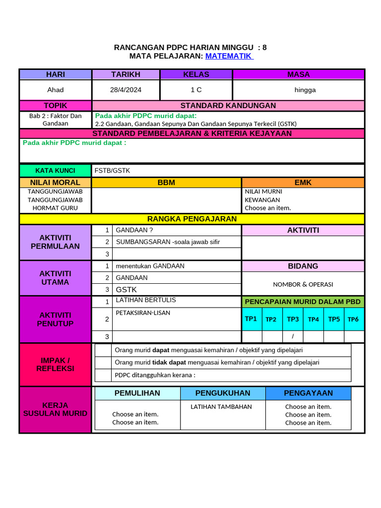 LESSON PLAN MATHS KSSM FORM 1c | PDF