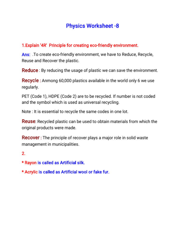 Class VIII Physics Worksheet 8 | PDF