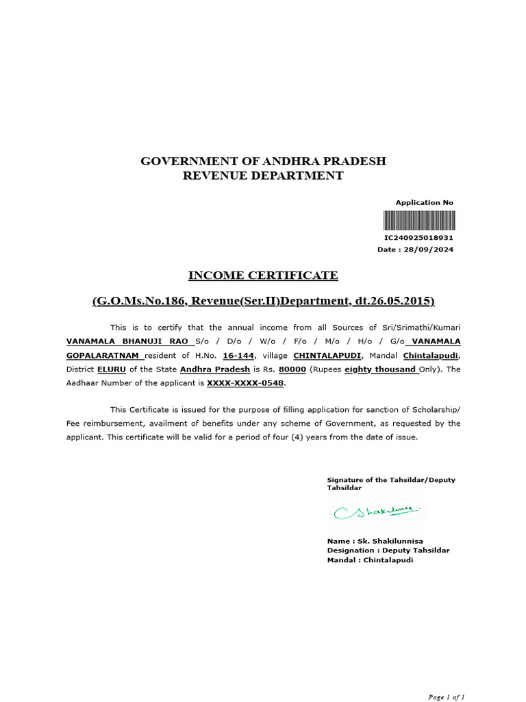 Income Certificate - IC240925018931 | PDF