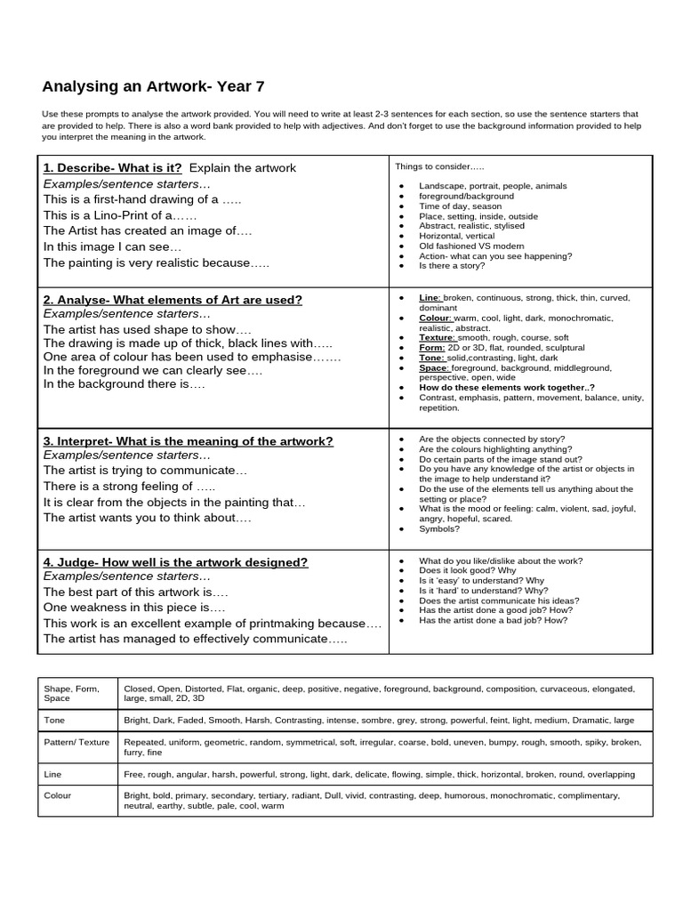 Year 7 Artwork Analysis Guide | PDF | Drawing | The Arts
