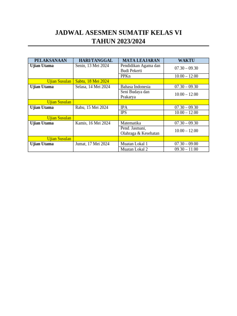 Jadwal Asesmen Sumatif Kelas Vi | PDF