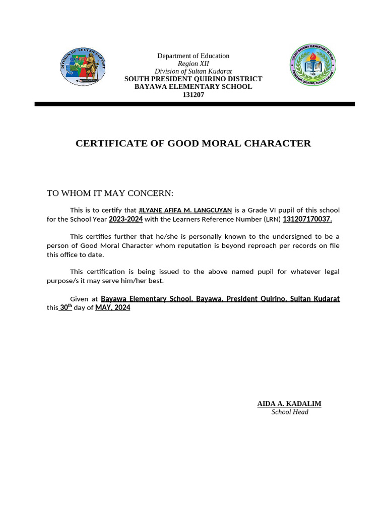 Certificate of Good Moral Charac | PDF