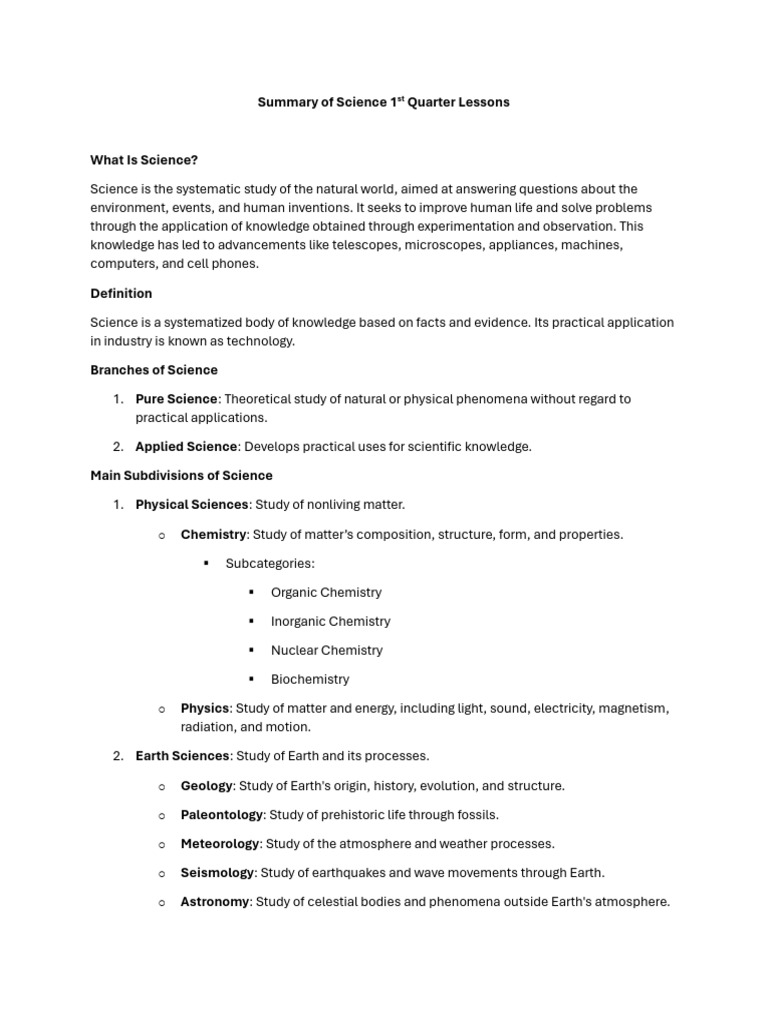 Summary of Science 1st Quarter Lessons | PDF