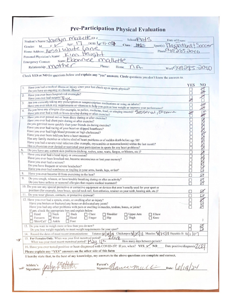 Pre-Participation Physical Evaluation | PDF